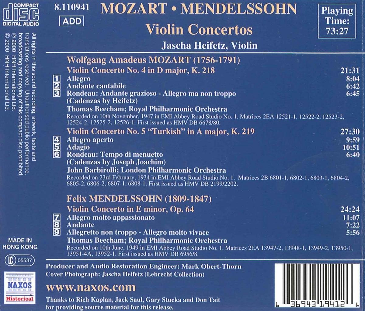 Violin Concertos. Heifetz (1934 - 1949) - Wolfgang Amadeus Mozart, Felix Mendelssohn, Jascha ...