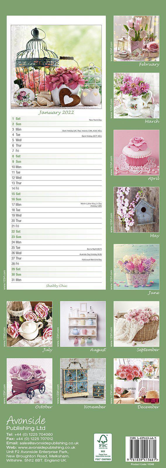 Calendar 2022 - Slimline - Shabby Chic - Avonside Publishing Ltd