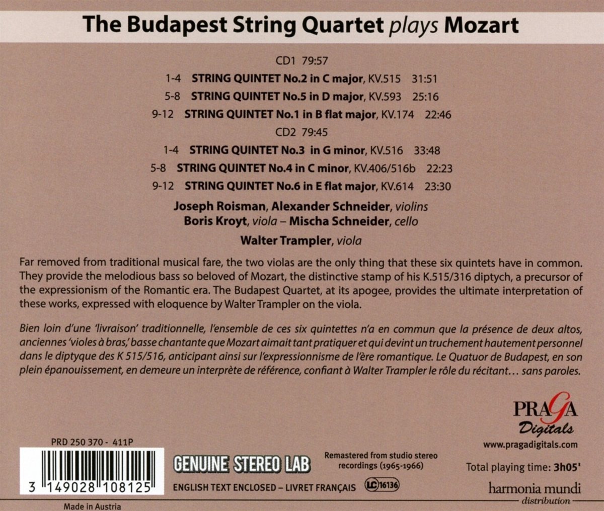 Mozart: The String Quintets - Budapest String Quartet, Wolfgang Amadeus Mozart