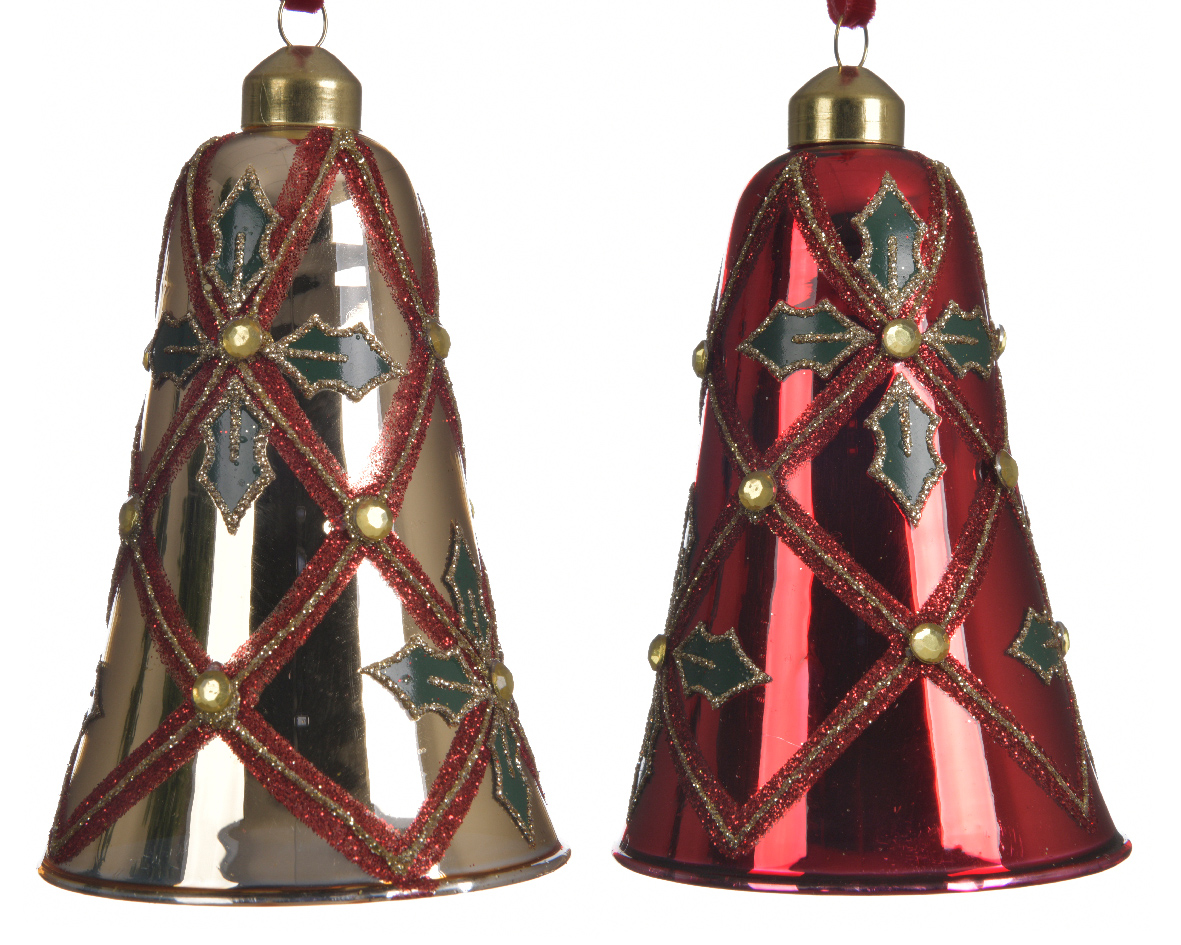 Set clopotei - Glass Holly Check Glitter, doua culori - Kaemingk