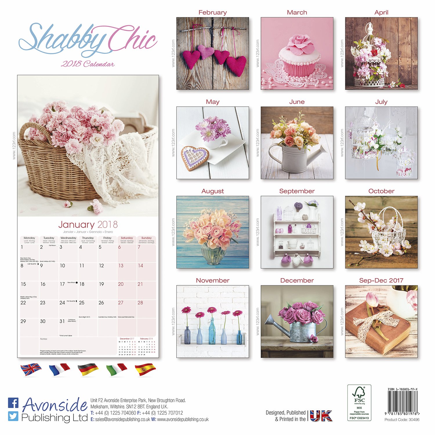 Calendar de perete 2018 - 16 luni - Shabby Chic - Avonside Publishing Ltd