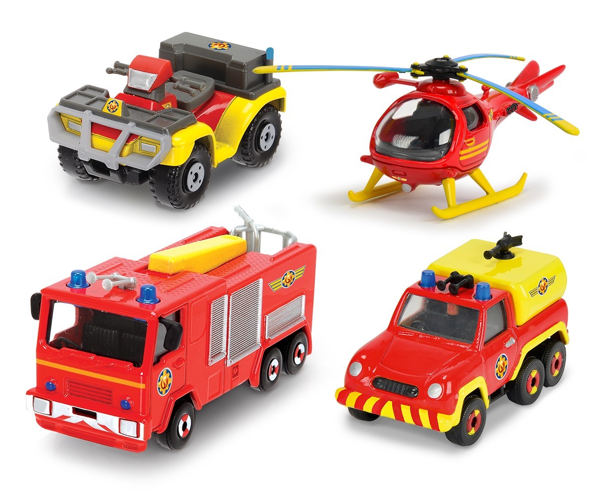 Set masinute - Fireman Sam - 4 Pack with Helicopter, 1:64 - Dickie Toys