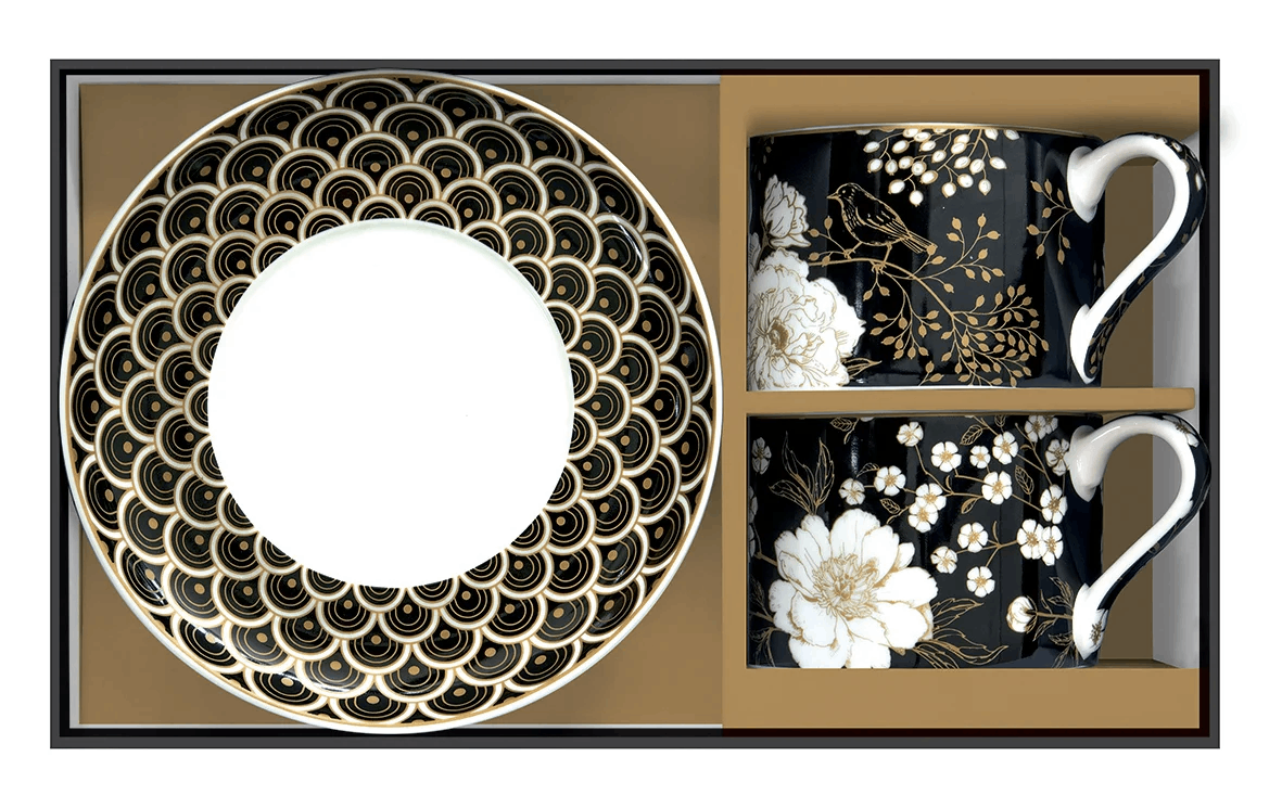 Set 2 cani cu farfurie - Art Deco and Flowers - Easy Life - 240 ml - Portelan - Negru