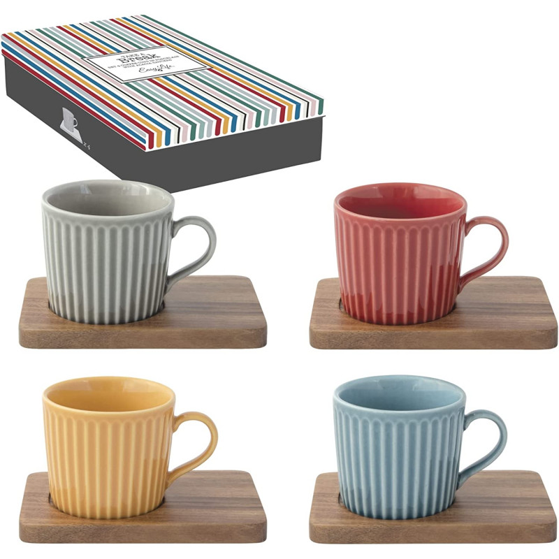 Set 4 cesti cu farfurie - Take a Break - Easy Life - 110 ml - Portelan - Multicolor