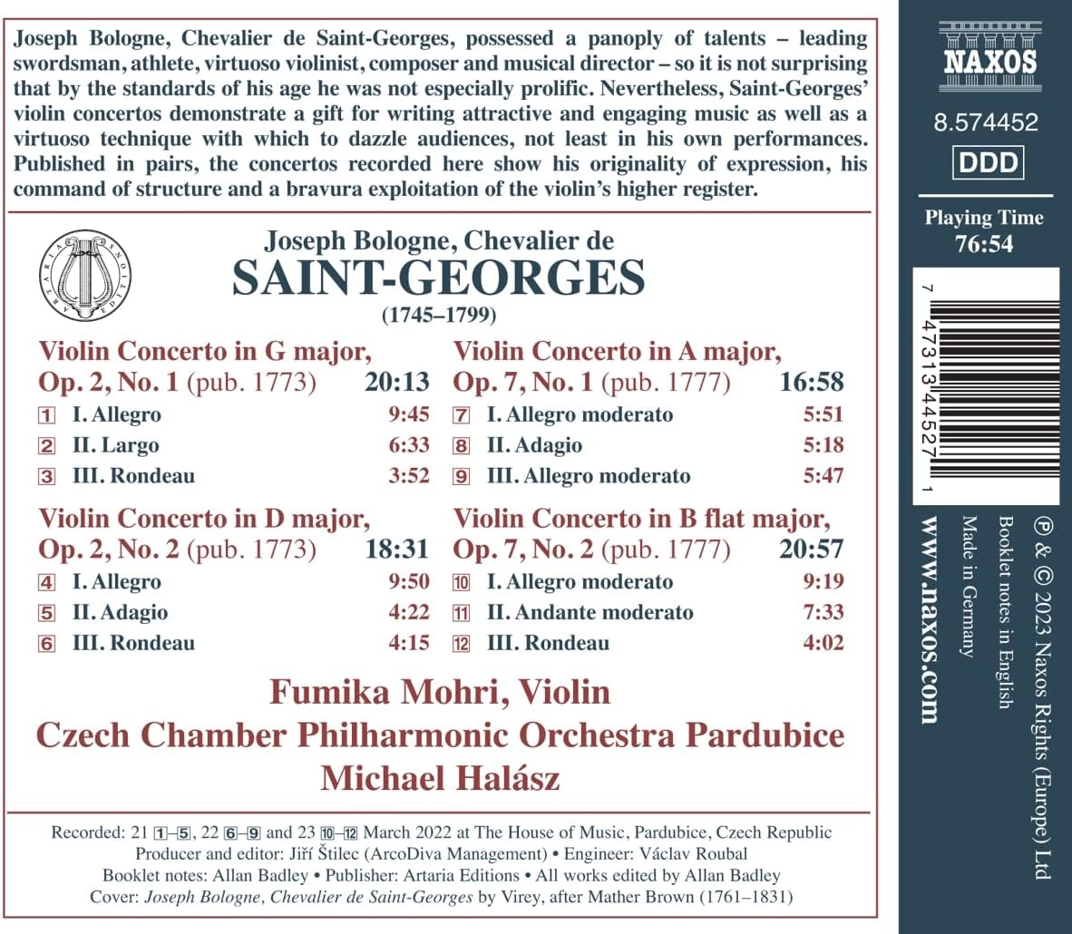 Joseph Boulogne, Chevalier De Saint-Georges: Violin Concertos Opp. 2 ...