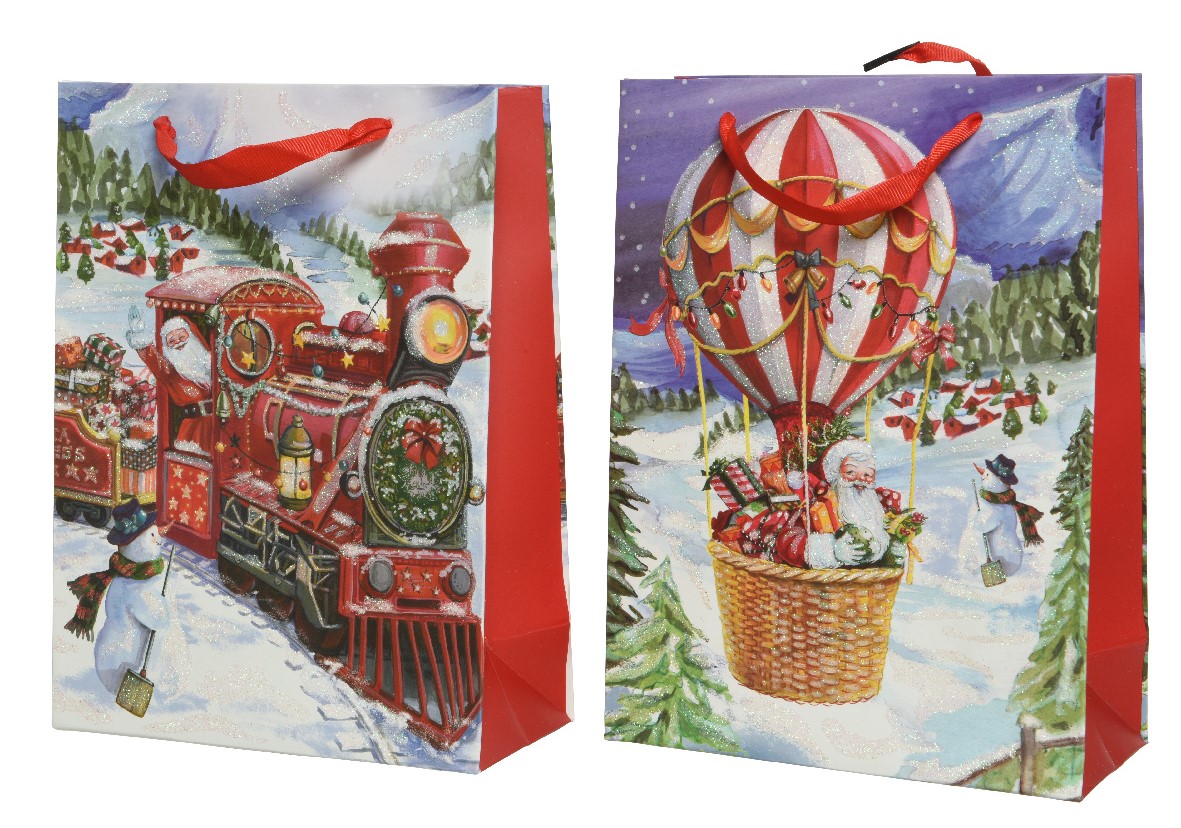 Punga cadou - Air Ballon / Santa Train, L, doua modele - Kaemingk