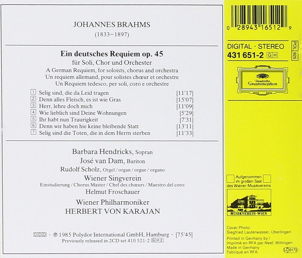 Brahms: Ein Deutsches Requiem - Barbara Hendricks, Jose van Dam, Wiener Singverein, Wiener ...