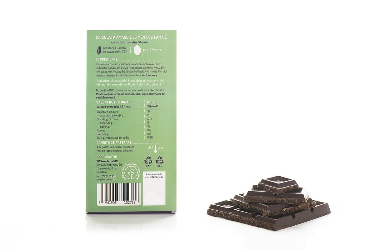 Ciocolata amaruie cu menta si lamaie cu Stevia - Sweeteria herbs, 100g ...