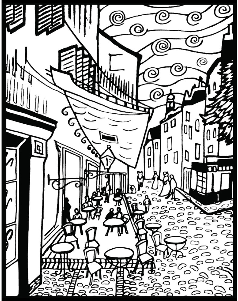 Plansa de colorat 50 x 70 cm - Cafe Van Gogh (cu 12 carioci) - Colorvelvet