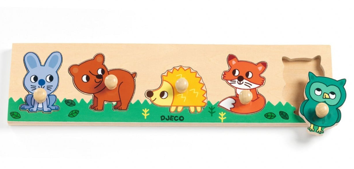 Puzzle din lemn, cu buton - Animale din padure - Djeco